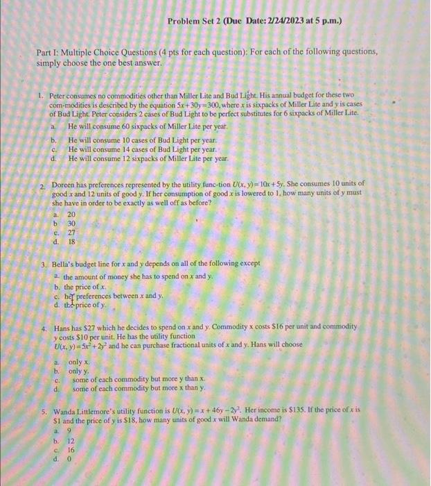 Solved Part I: Multiple Choice Questions ( 4 pts for each | Chegg.com