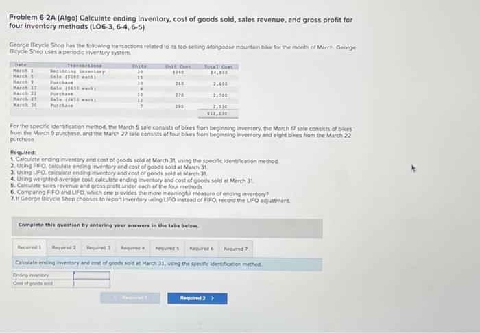 Solved Problem 6-2A (Algo) Calculate ending inventory, cost | Chegg.com
