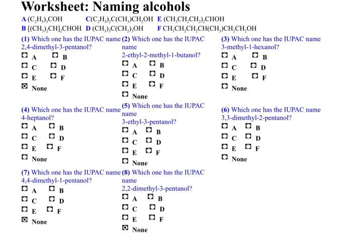 Solved Worksheet: Naming alcohols | Chegg.com