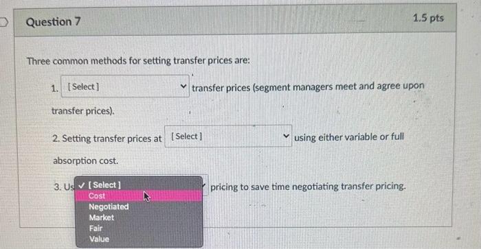 Solved Three common methods for setting transfer prices are: | Chegg.com