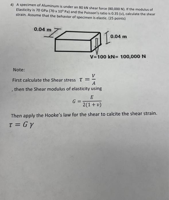 Solved 4) A specimen of Aluminum is under an 80kN shear | Chegg.com