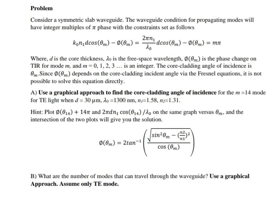 Solved Problem Consider a symmetric slab waveguide. The | Chegg.com