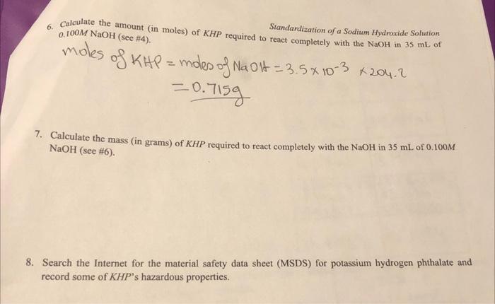 Solved 6. Standardization of a Sodium Hydroxide Solution | Chegg.com