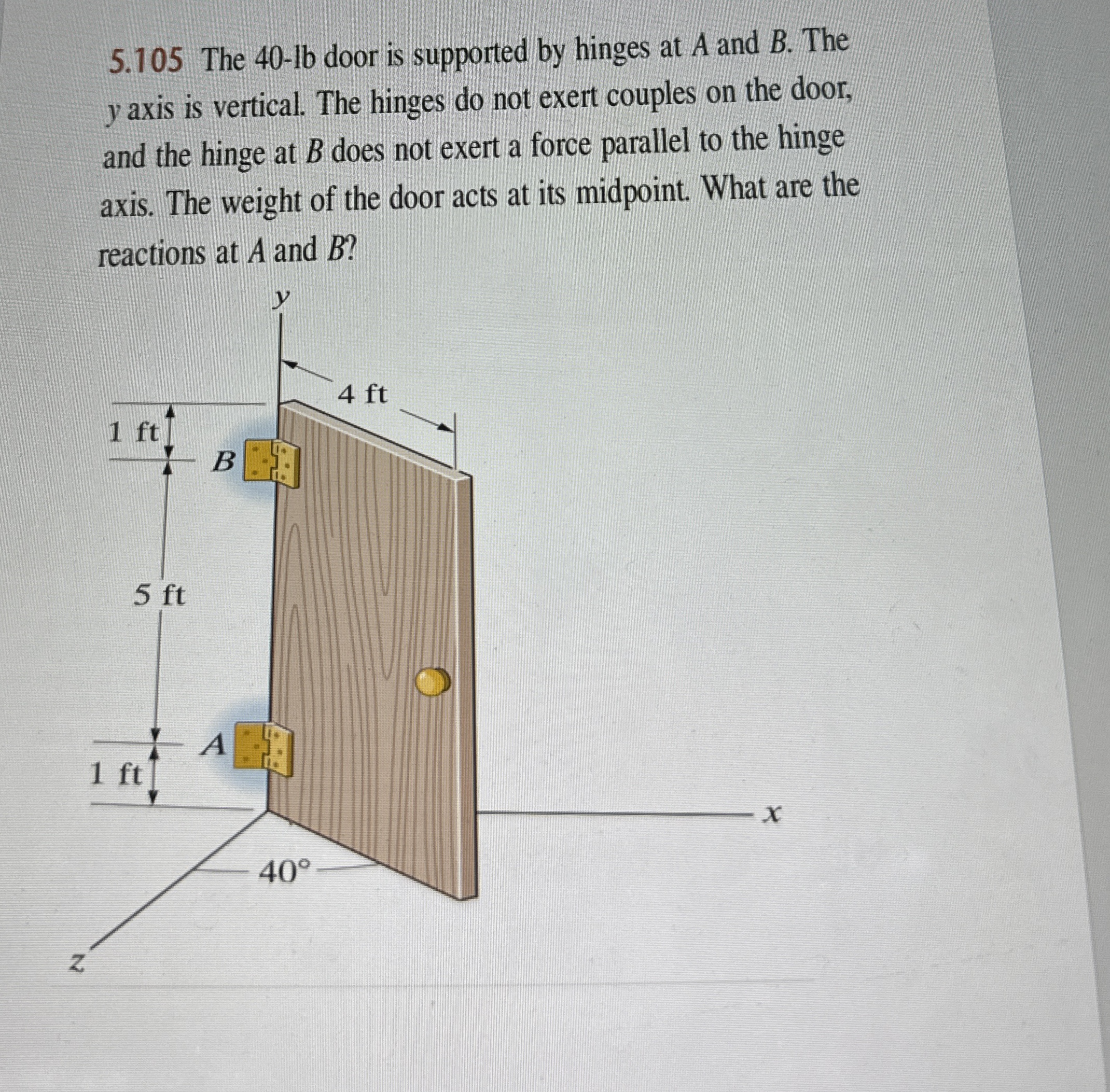 Solved 5.105 ﻿The 40-lb ﻿door is supported by hinges at A | Chegg.com