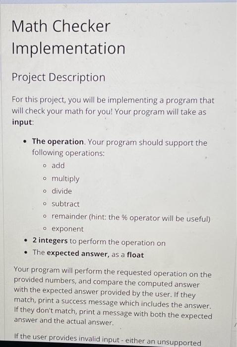 Solved Math Checker Implementation Project Description For | Chegg.com