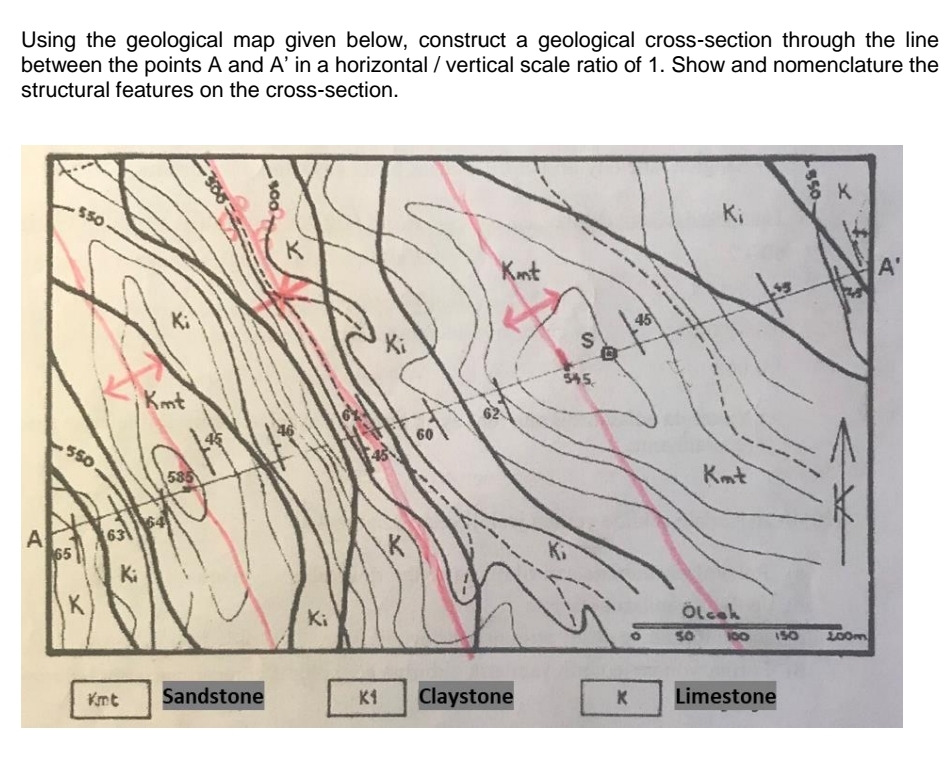 Solved Using the geological map given below, construct a | Chegg.com