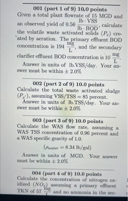 Solved 001 (part 1 of 9)10.0 points Given a total plant | Chegg.com