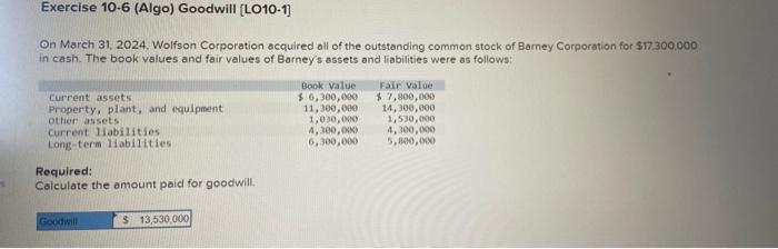 Solved Exercise 10-6 (Algo) Goodwill [LO10-1] On March 31, | Chegg.com