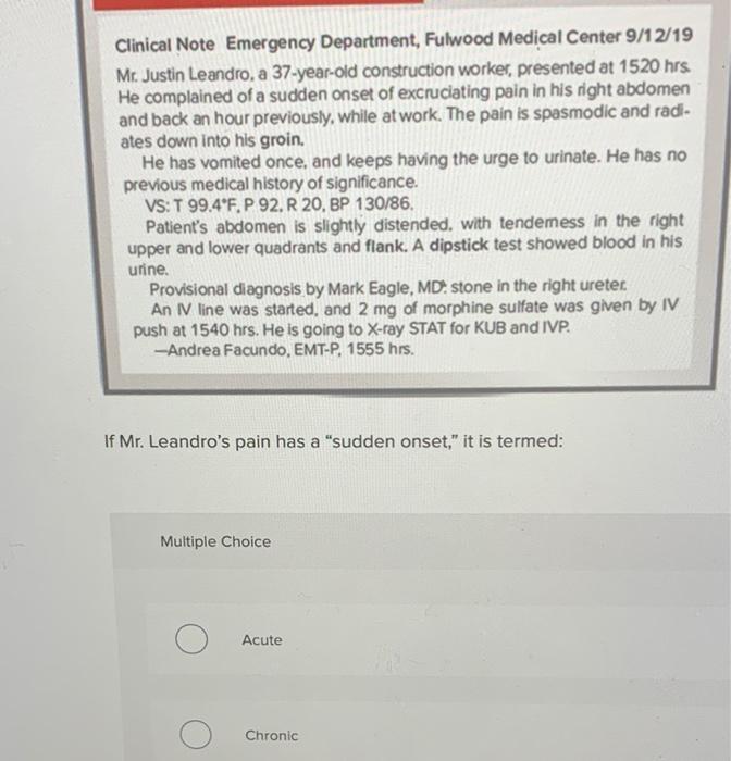 Solved Clinical Note Emergency Department, Fulwood Medical | Chegg.com