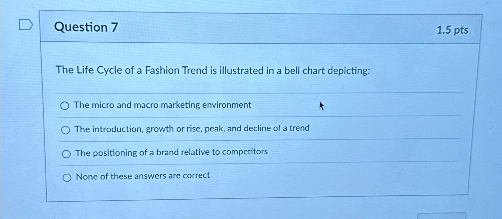 Solved Question 71.5ptsThe Life Cycle of a Fashion Trend is | Chegg.com