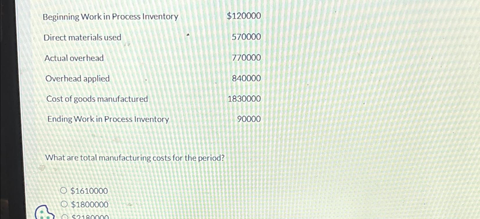 Solved \table[[Beginning Work in Process Inventory,$120000 | Chegg.com