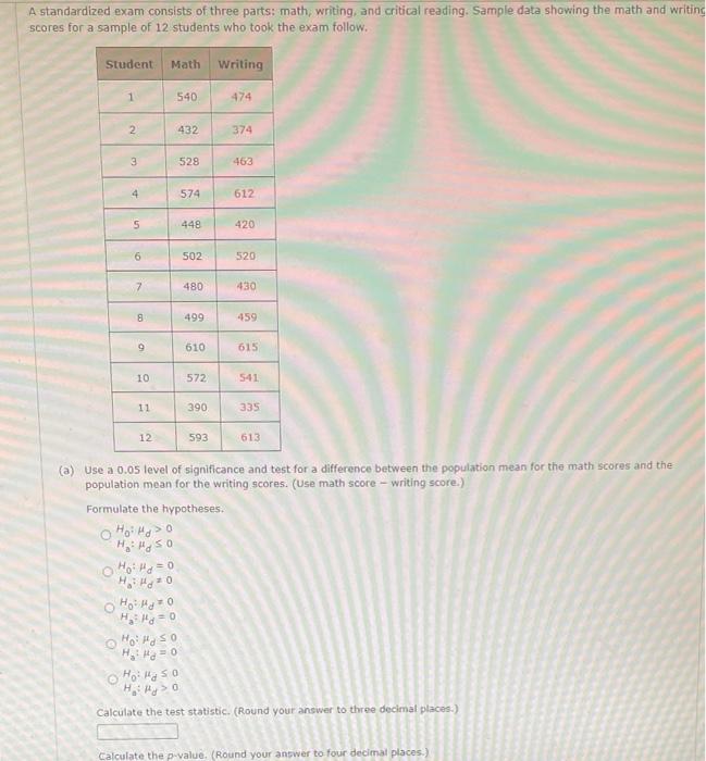 Solved A standardized exam consists of three parts: math, | Chegg.com