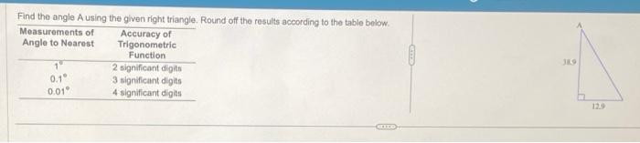 Solved Find the angle A using the given right triangle. | Chegg.com