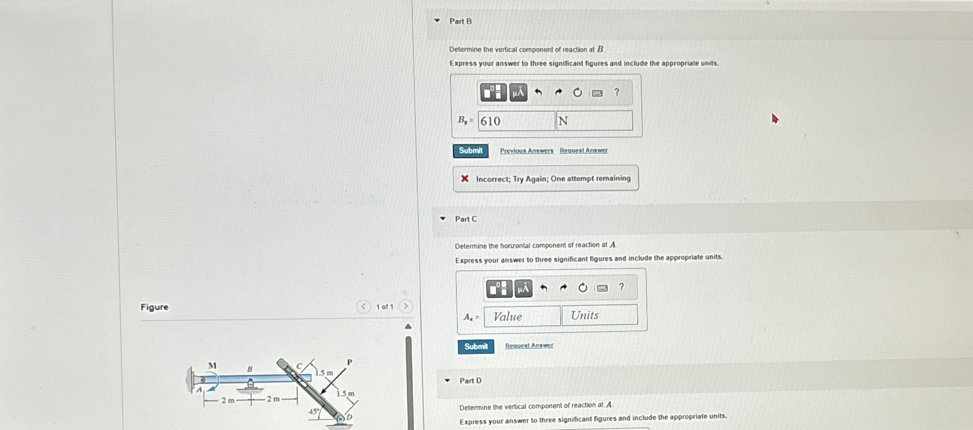 Part BDetermine the vertical component of reaction at | Chegg.com