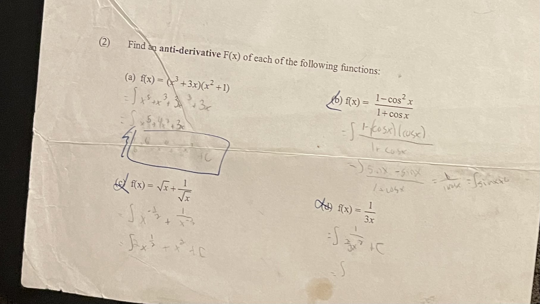 Solved (2) ﻿Find an anti-derivative F(x) ﻿of each of the | Chegg.com