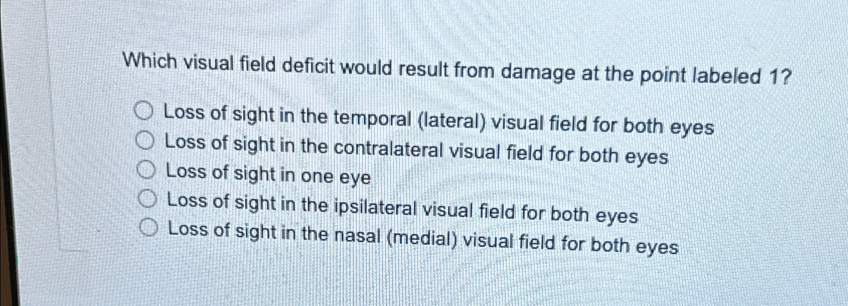 Solved Which visual field deficit would result from damage | Chegg.com
