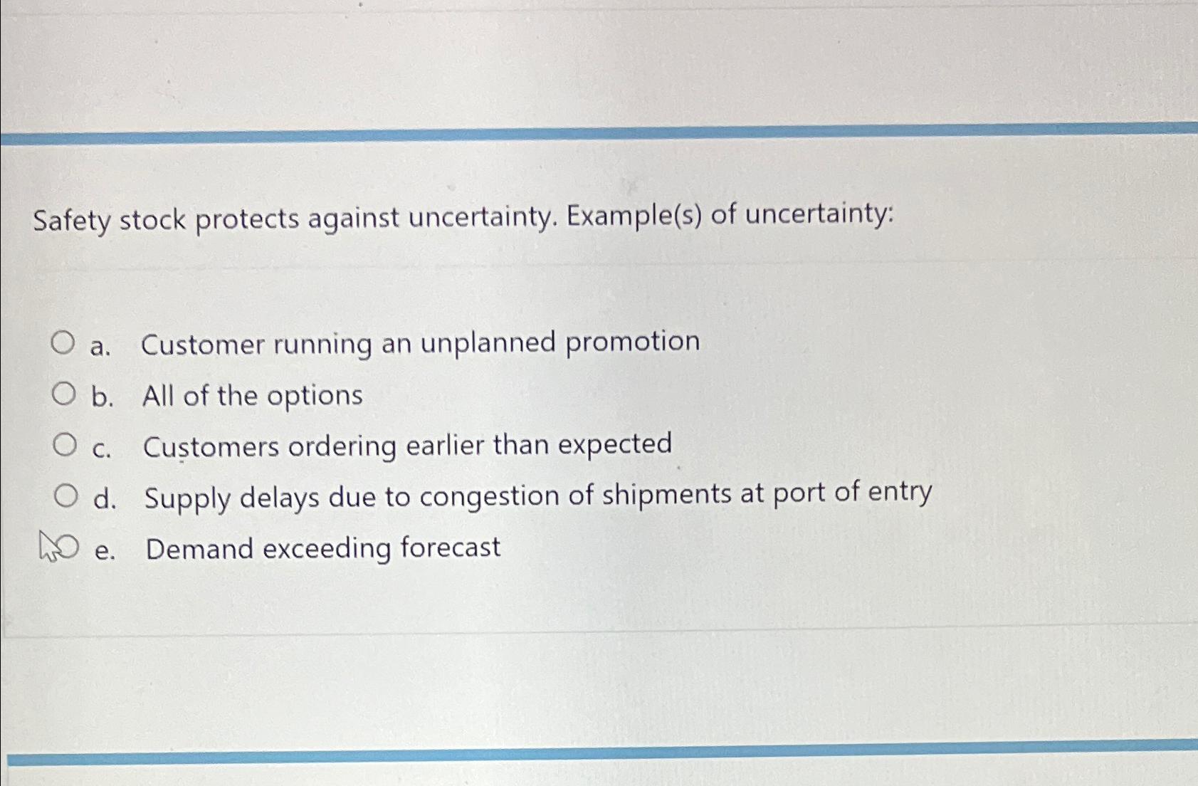 Safety stock protects against uncertainty. Example(s) | Chegg.com