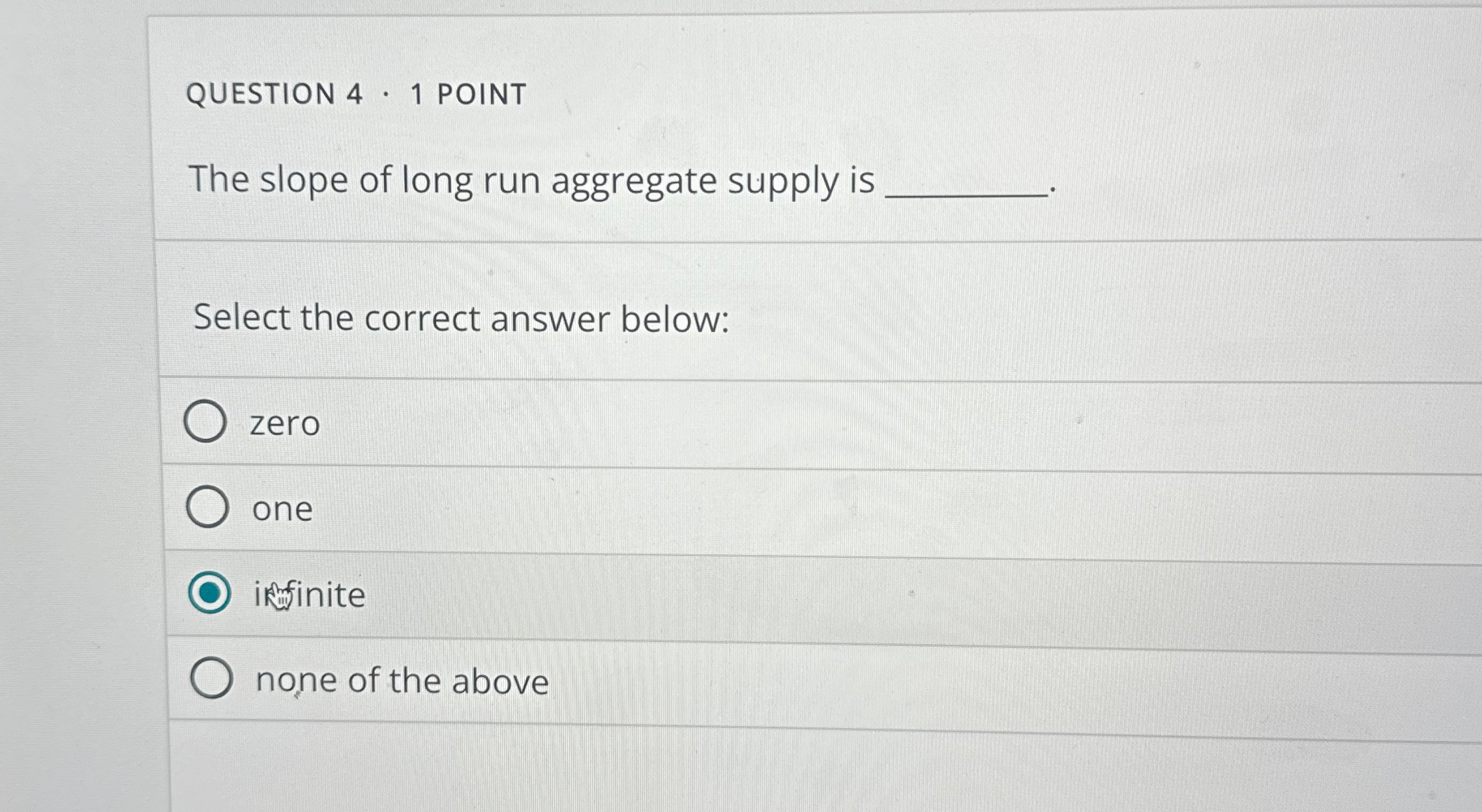 Solved QUESTION 4 * 1 ﻿POINTThe slope of long run aggregate | Chegg.com
