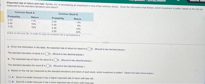 Solved (Expected rate of return and risk) Syntex, inc. is | Chegg.com