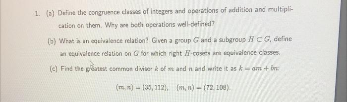 Solved 1. (a) Define the congruence classes of integers and | Chegg.com