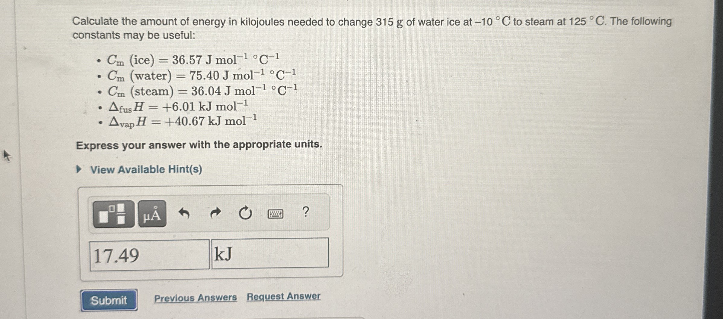 Calculate the amount of energy in kilojoules needed | Chegg.com