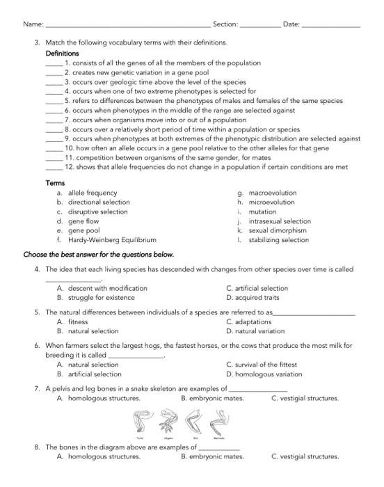 Solved Name: Section: Date: 3. Match the following | Chegg.com