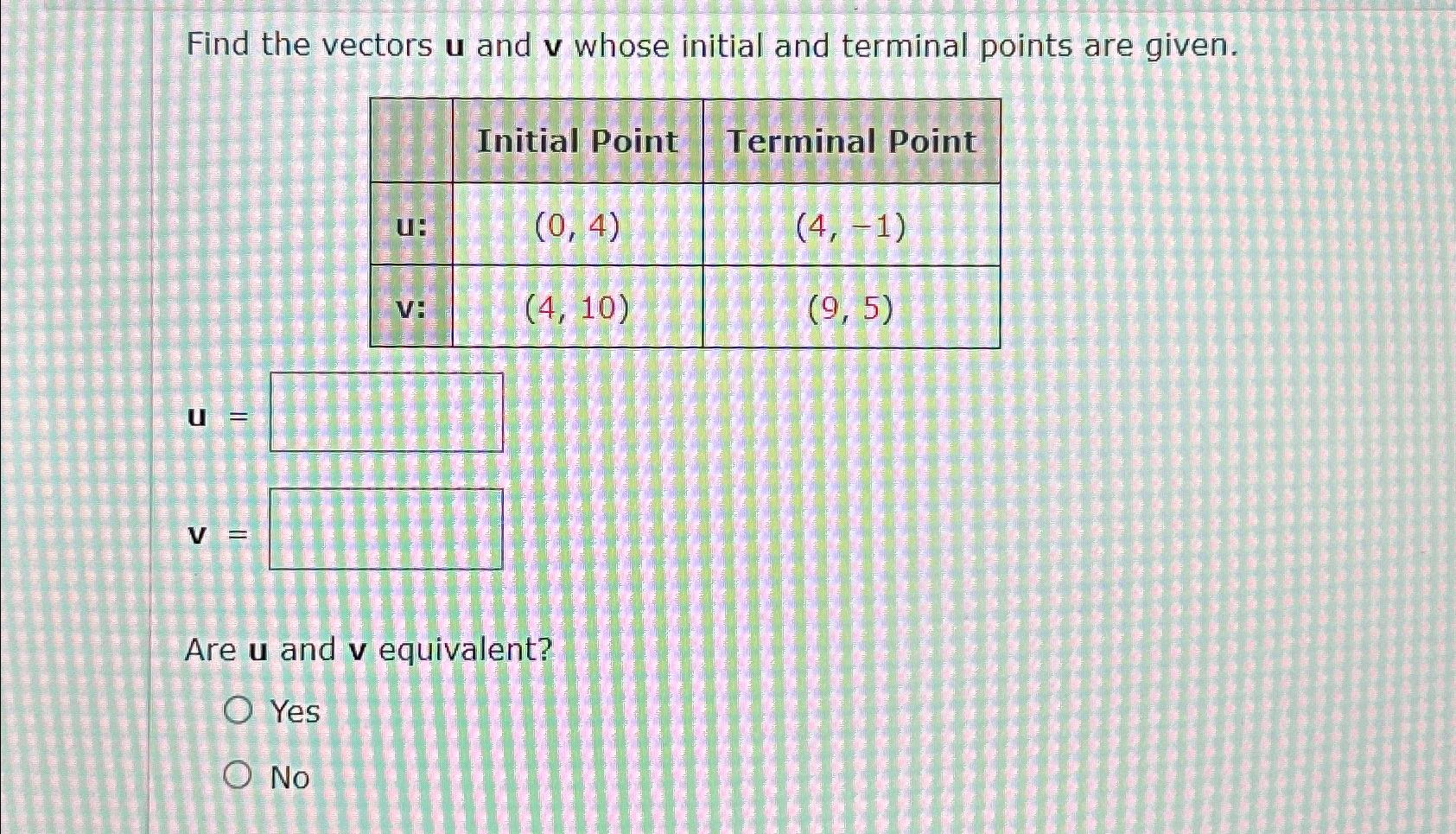 Solved Find the vectors u ﻿and v ﻿whose initial and terminal | Chegg.com