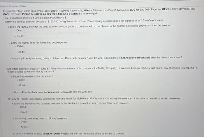Solved For journal entries in this assignment, enter AR for | Chegg.com