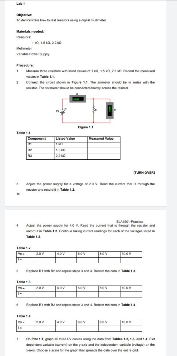 Solved Lab 1 Objective: To demonstrate how to test resistors | Chegg.com