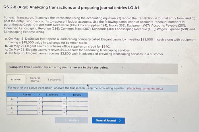 Solved QS 2-8 (Algo) Analyzing transactions and preparing | Chegg.com