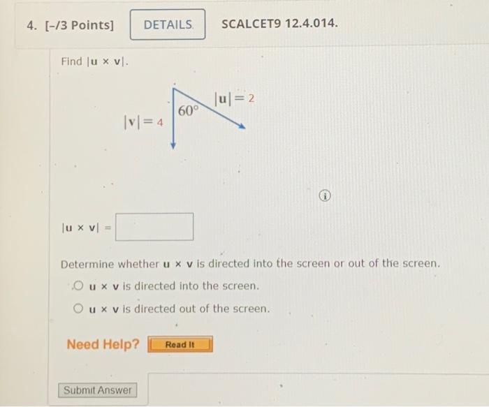 Solved 4. [-/3 Points] Find lu x v. |u x V = DETAILS. for | Chegg.com