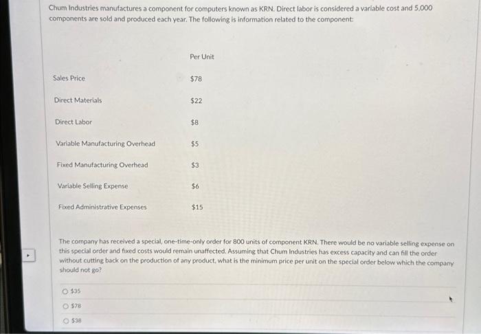 Solved Chum Industries manufactures a component for | Chegg.com
