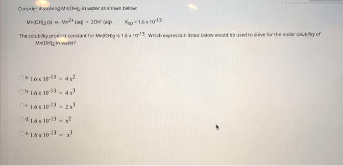 Solved Consider dissolving Mn(OH)2 in water as shown below: | Chegg.com