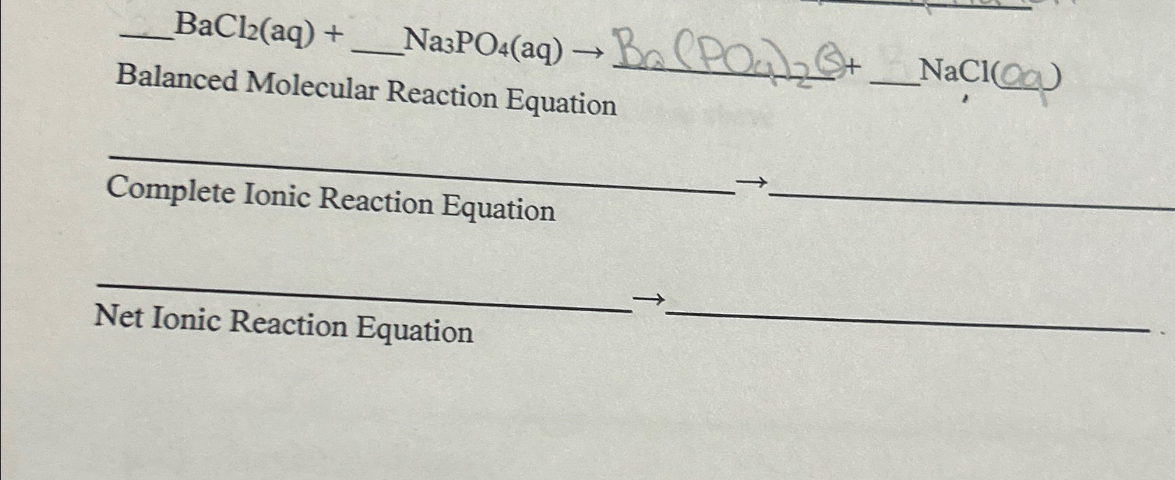 Solved BaCl2(aq)+,Na3PO4(aq)→ Ba2(PO4)2NaCl(Oq)Balanced | Chegg.com