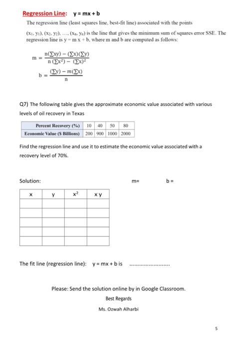 Solved Regression Line: y=mx+b The regression line (least | Chegg.com
