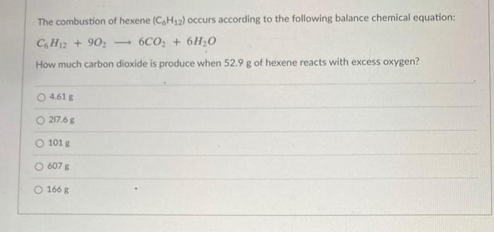 Solved The combustion of hexene (C6H12) occurs according to | Chegg.com