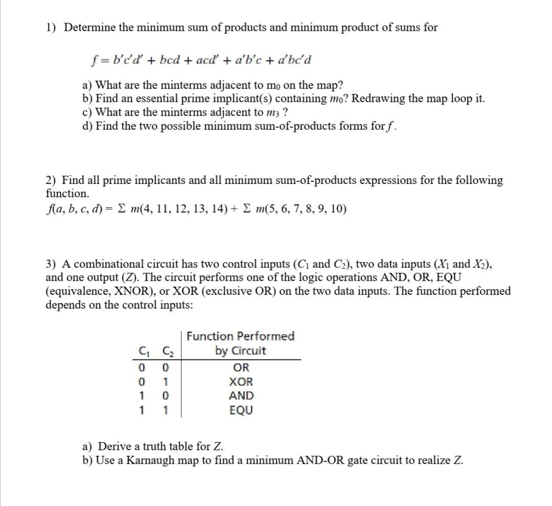 Solved 1) Determine the minimum sum of products and minimum | Chegg.com
