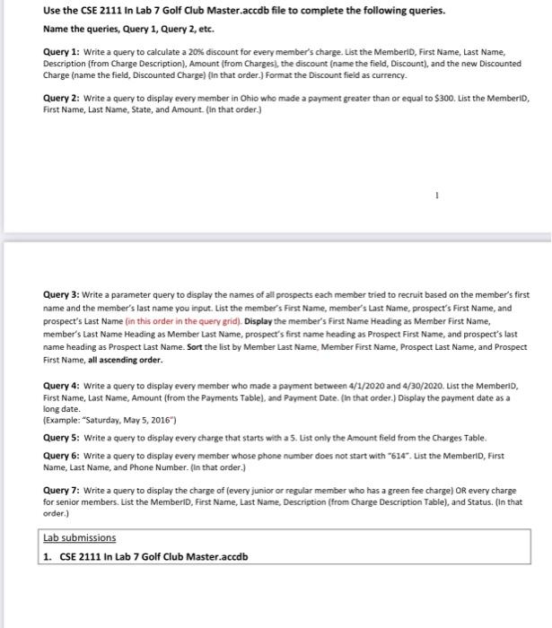 Use the CSE 2111 In Lab 7 Golf Club Master.accdb file | Chegg.com