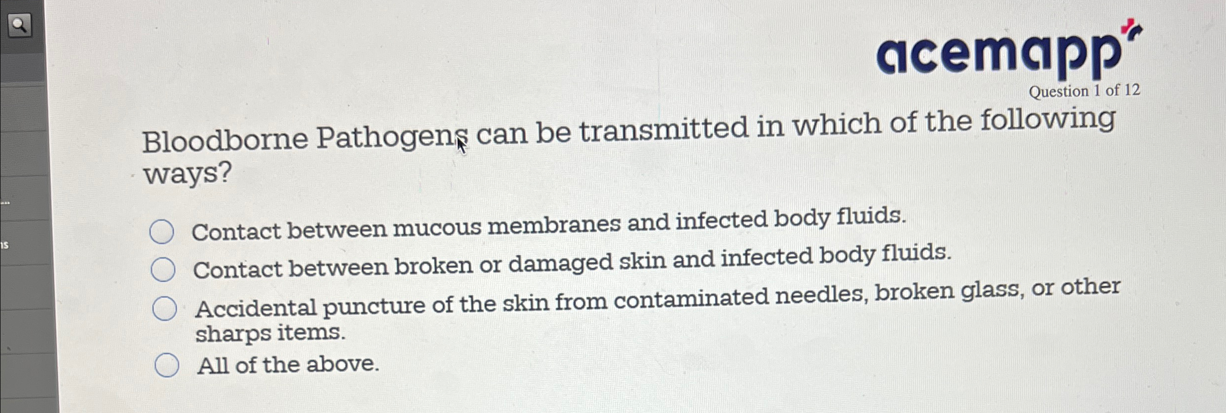 Solved acemappQuestion 1 ﻿of 12Bloodborne Pathogen$ can be | Chegg.com