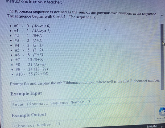 Solved Instructions from your teacher: I ne Fibonacci | Chegg.com