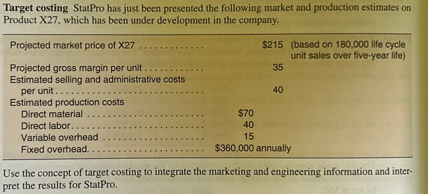 Solved Target costing StatPro has just been presented the | Chegg.com