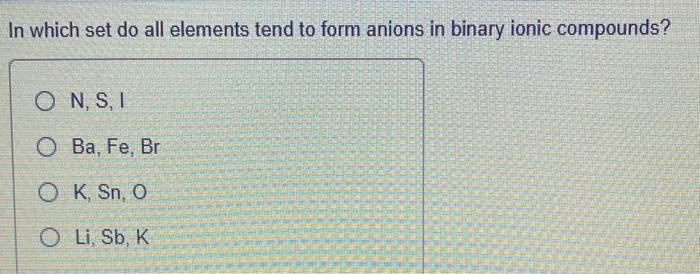 Solved In which set do all elements tend to form anions in | Chegg.com