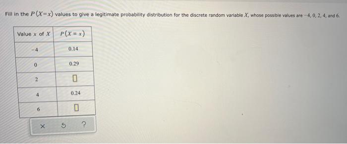 Solved Fill in the P(X=x) values to give a legitimate | Chegg.com