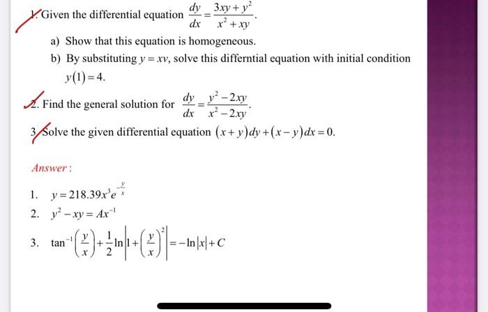 Solved Y. Given the differential equation dy_3xy + y? dx x + | Chegg.com