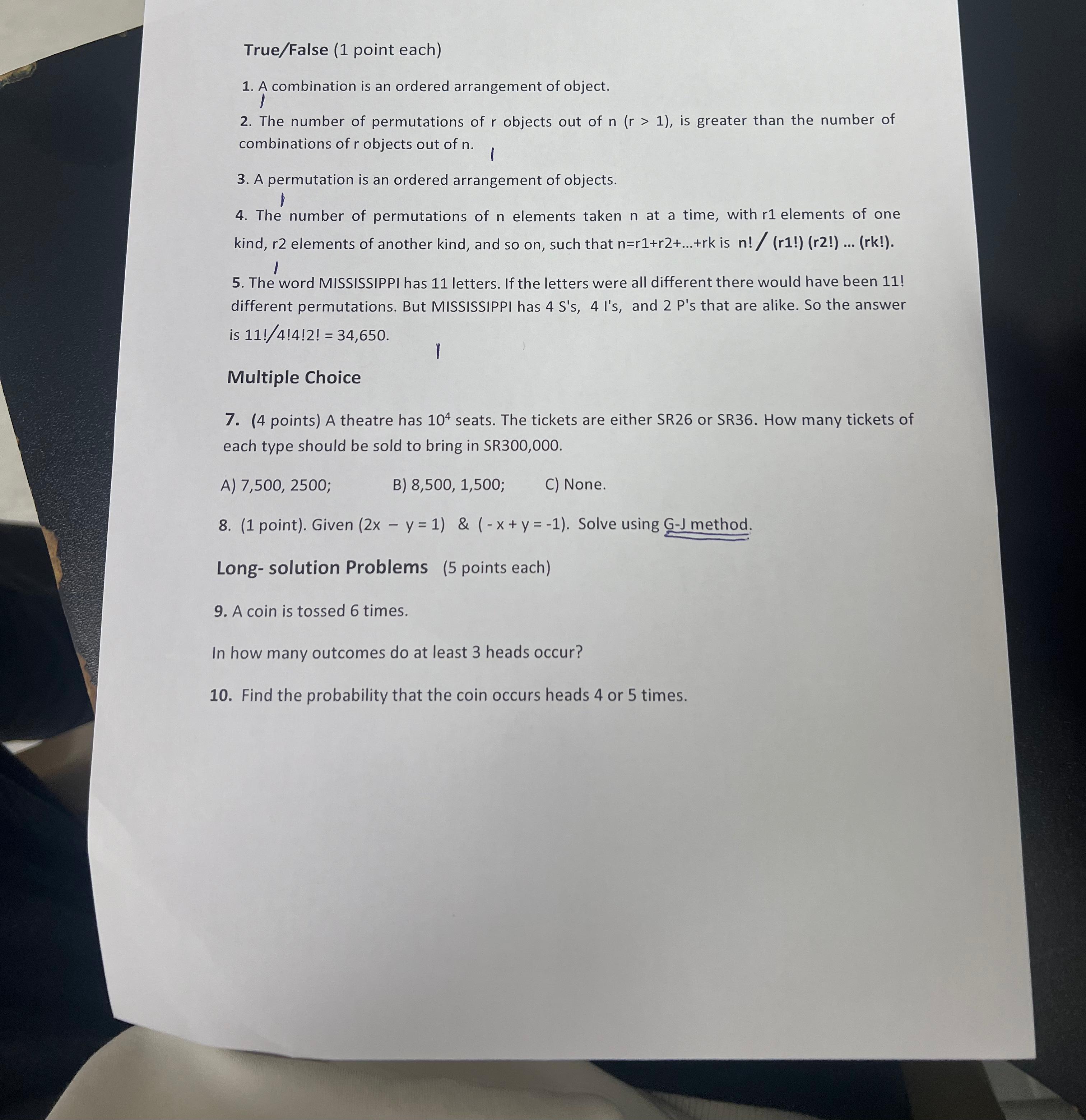 Solved True/False (1 ﻿point each)A combination is an ordered | Chegg.com