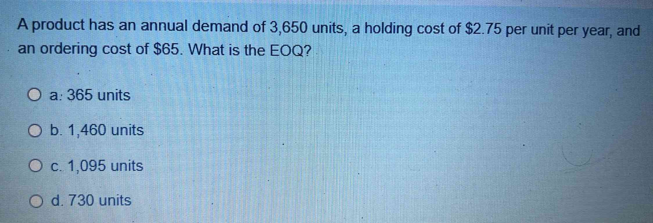 Solved A product has an annual demand of 3,650 ﻿units, a | Chegg.com