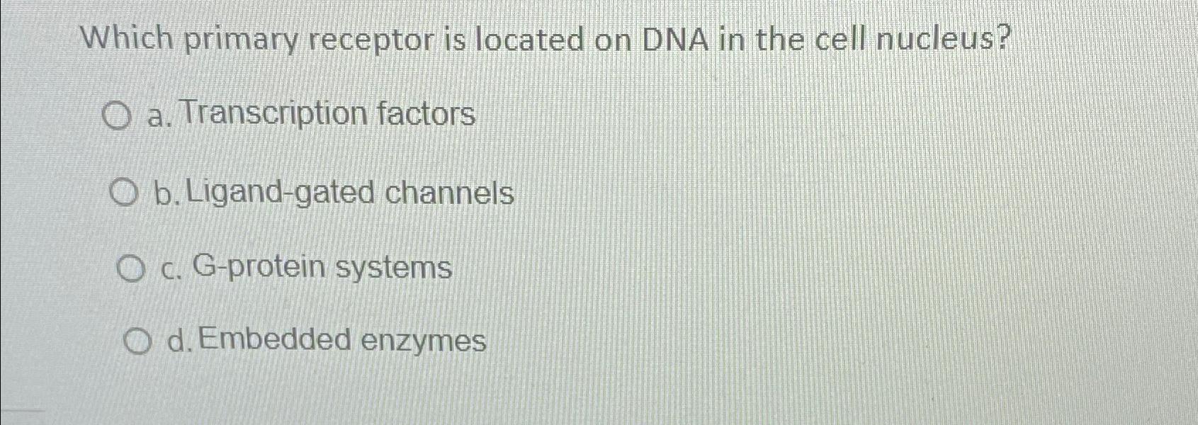Solved Which primary receptor is located on DNA in the cell | Chegg.com