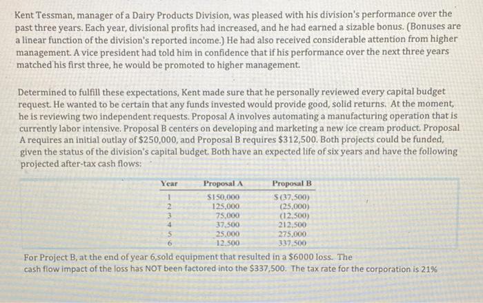 Kent Tessman, manager of a Dairy Products Division, | Chegg.com