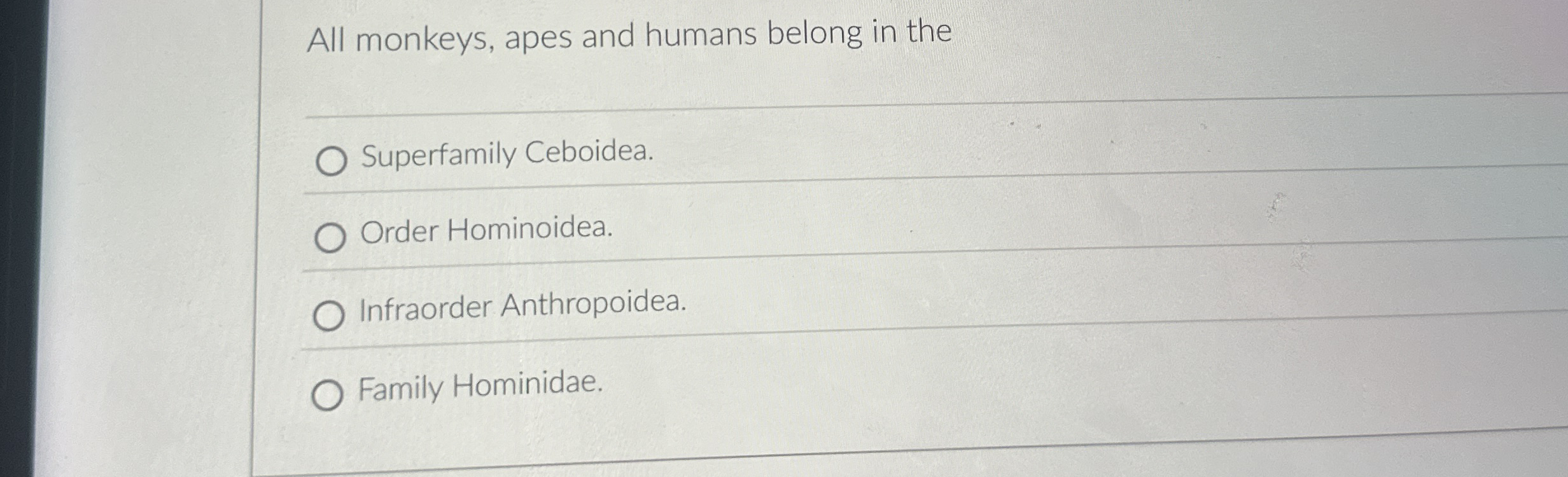 Solved All monkeys, apes and humans belong in | Chegg.com