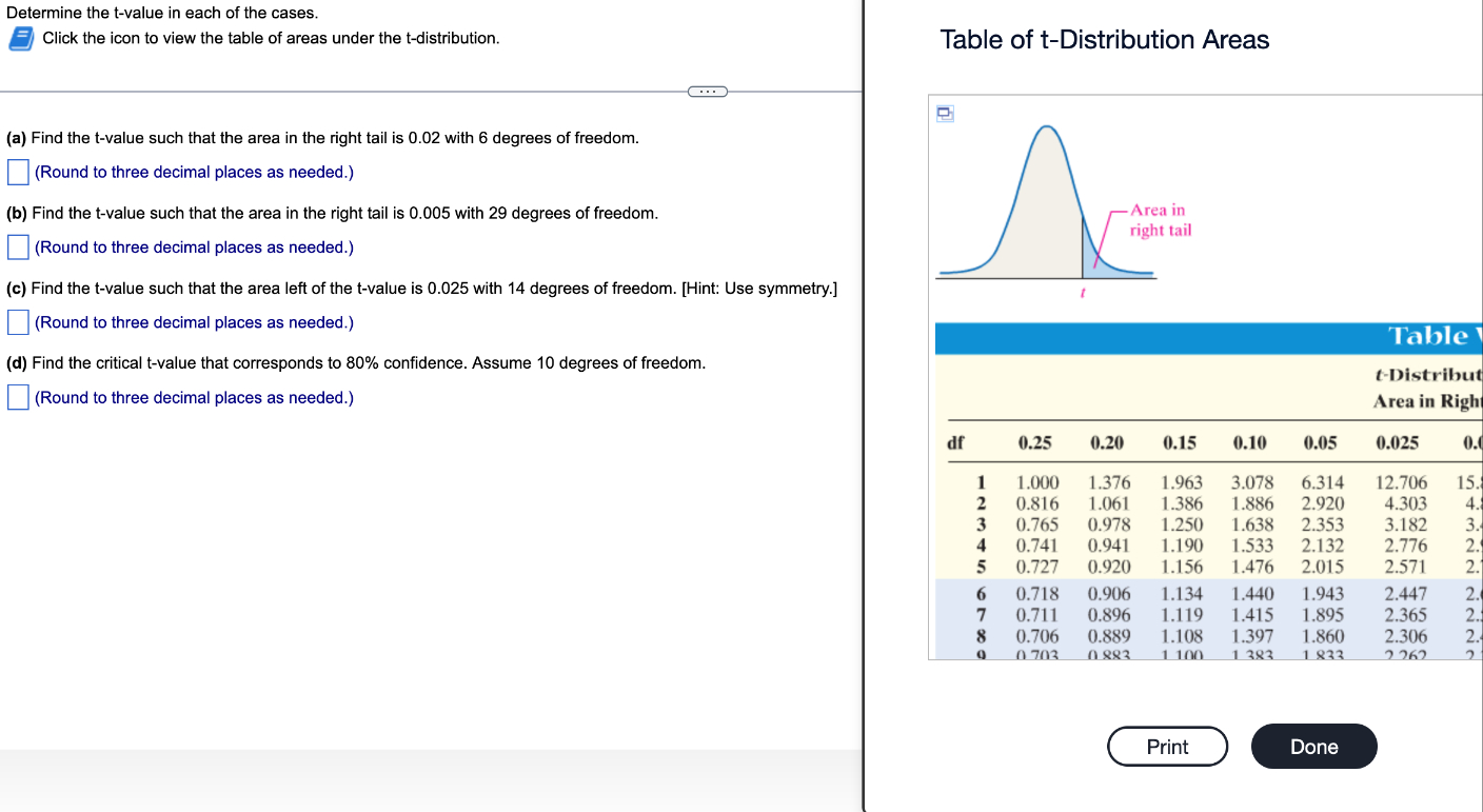 Solved Determine the t-value in each of the cases.Click the | Chegg.com